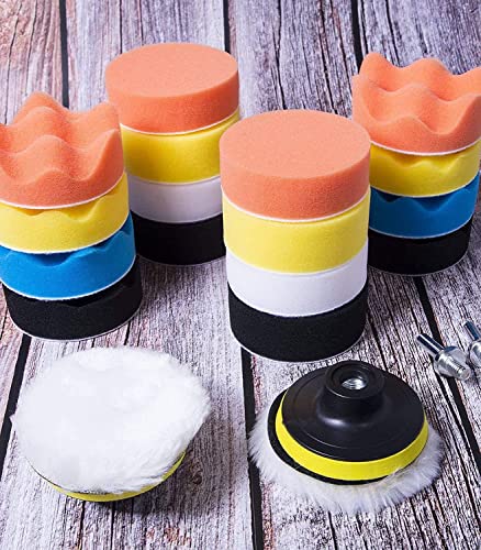 WONDER POINT Buffing Polishing Pads - 3 Inch 31 Pieces Premium Material Car Foam Drill Polishing Pad Kit Sponge Pads Buffer Polisher Kit Headlight Restoration Kit with Wool for Car Polishing, Waxing