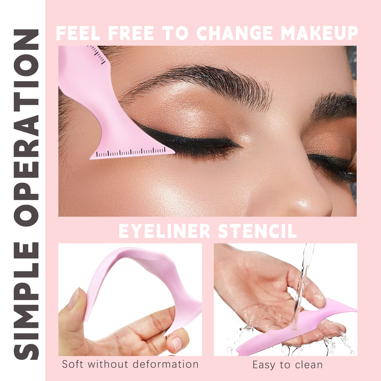 HOSAILY 5 in1 Eyeliner Stencils Silicone Multi-Purpose Eye Makeup Tool for Winged Eyeliner, Defined Eyebrow, Eyelash, Face Contour and Lip Line Lazy Quick Makeup Tool-Pink