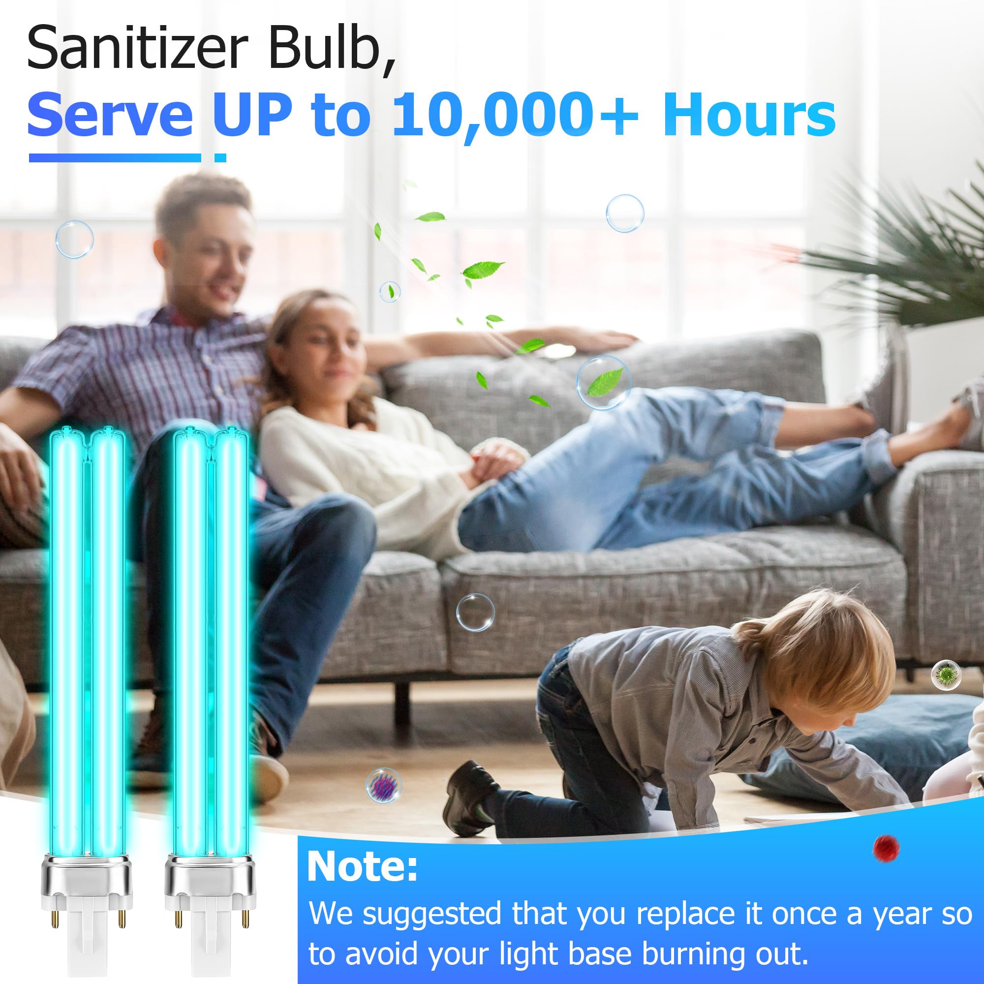 Qualirey 2 Pcs 9W UV Light Bulb Compatible with D200 Air Purifier, Air Purifier Whole House UV Light for R18, R18D R2000 Induct Air Purifier, UVC G23 2 Pin Base HVAC UV Light Bulb Replacement