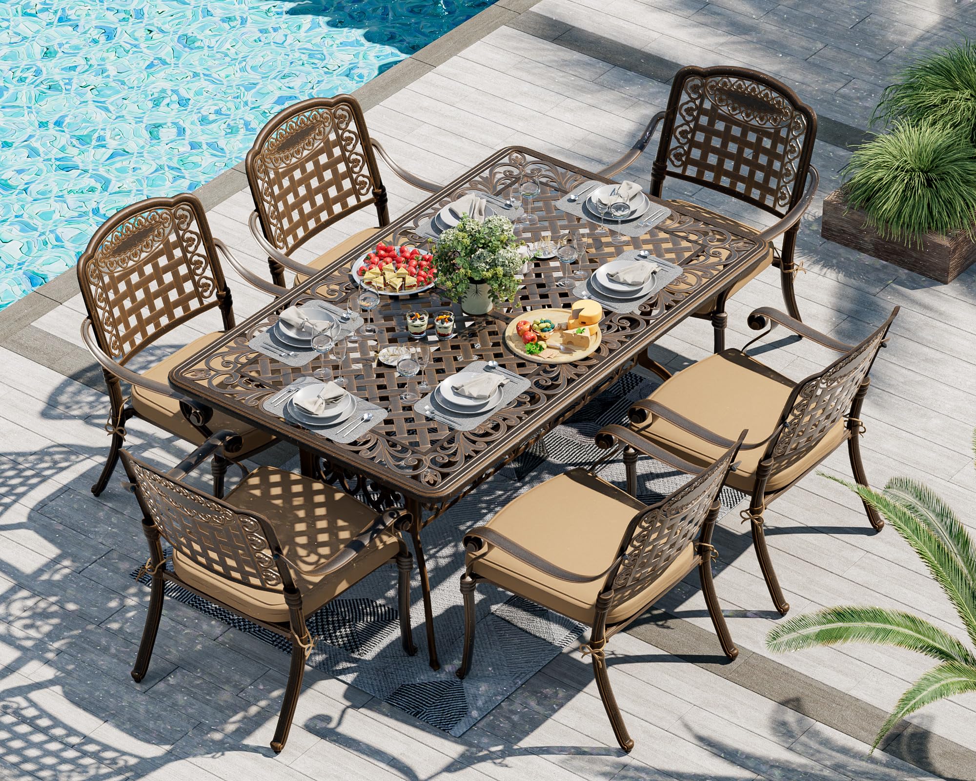 TITIMO 7 Piece Cast Aluminum Patio Dining Set, Outdoor Dining Furniture Patio Table and Chairs Set with 6 Outdoor Stackable Chairs & 1 Rectangle Dining Table for Backyard Garden Deck