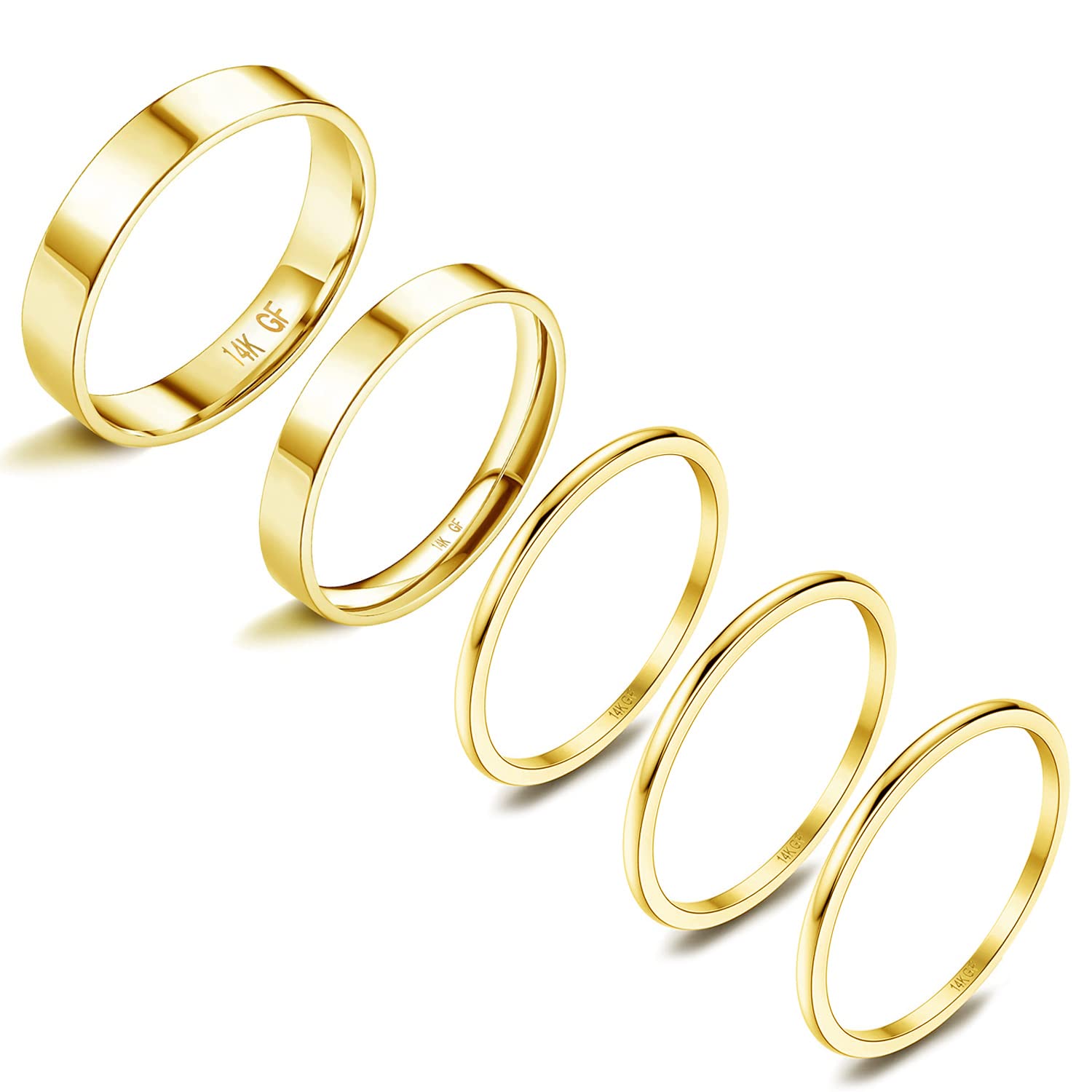 Jstyle 5Pcs 14K Gold Plated Rings for Women Fashion Plain Band Knuckle Stacking Midi Rings Stackable Thin Gold Rings Statement Band Ring 1mm 3mm 5mm 7