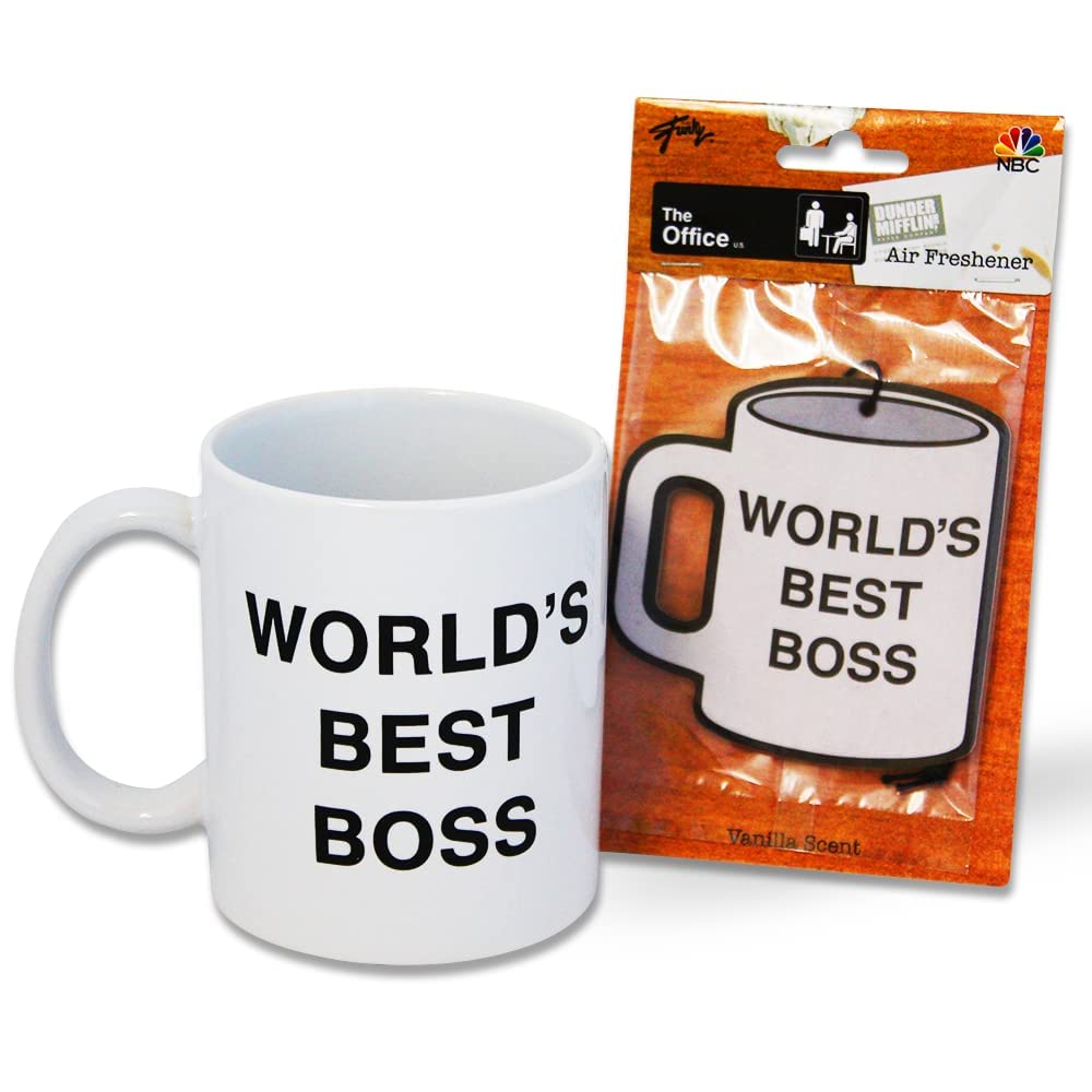 JUST FUNKY The Office “World’s Best Boss” 11 oz Mug and Vanilla Air Freshener Combo Gift Pack | The Office Gift | The Office Merchandise | Officially Licensed