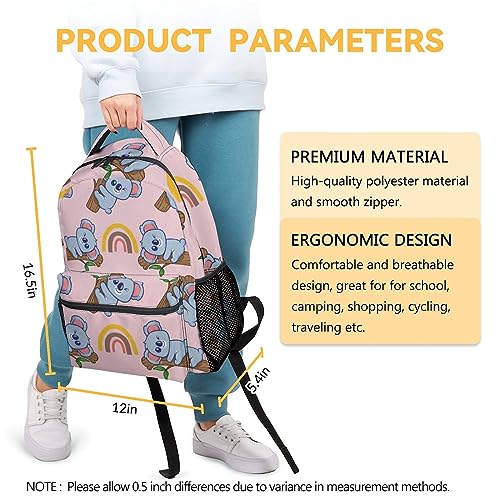WARMRUG Koala Girls Backpack for School, 16 inch Pink Backpacks for Kids, Cute Lightweight Bookbag for Middle School