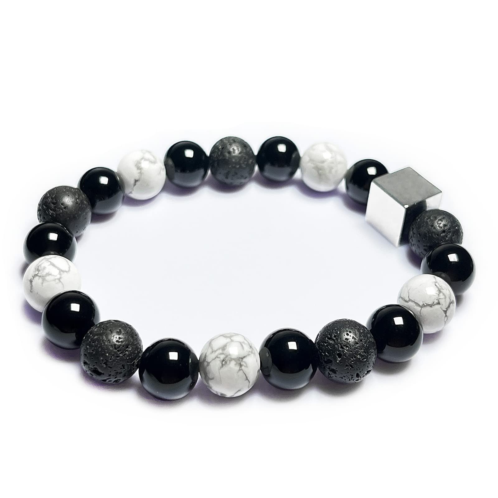 JYUCING Crystal Bracelet Natural Black Onyx Lava White Turquoise Stone Healing Stone 10mm Round Beads Hematite Square Bead Stretch Bracelet 7.2" Unisex