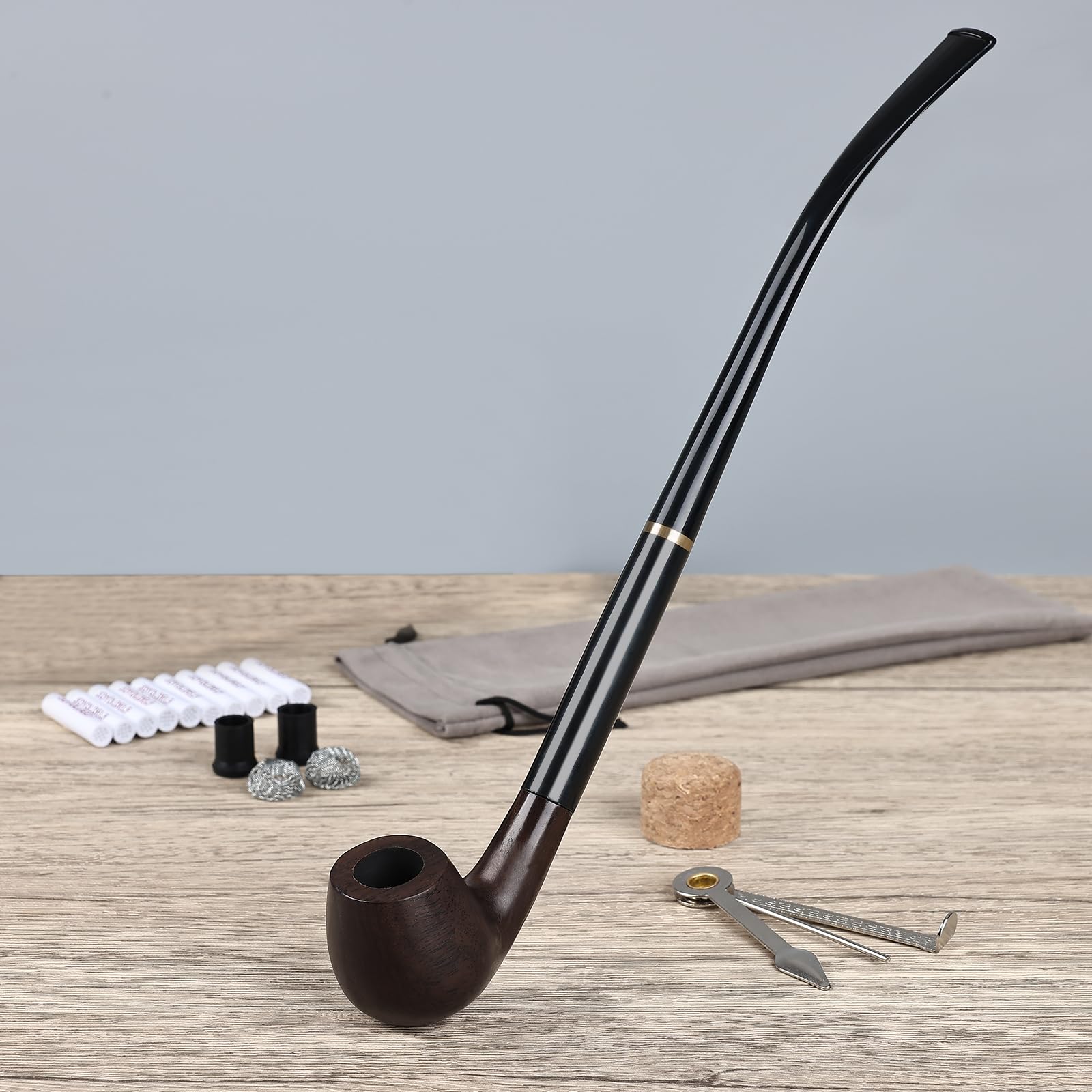 Extended Tobacco Pipe 12" Smoking Pipe Ebony Churchwarden Pipe Gandalf Pipe for 9mm Pipe Filters with Wood Pipe Guide Book