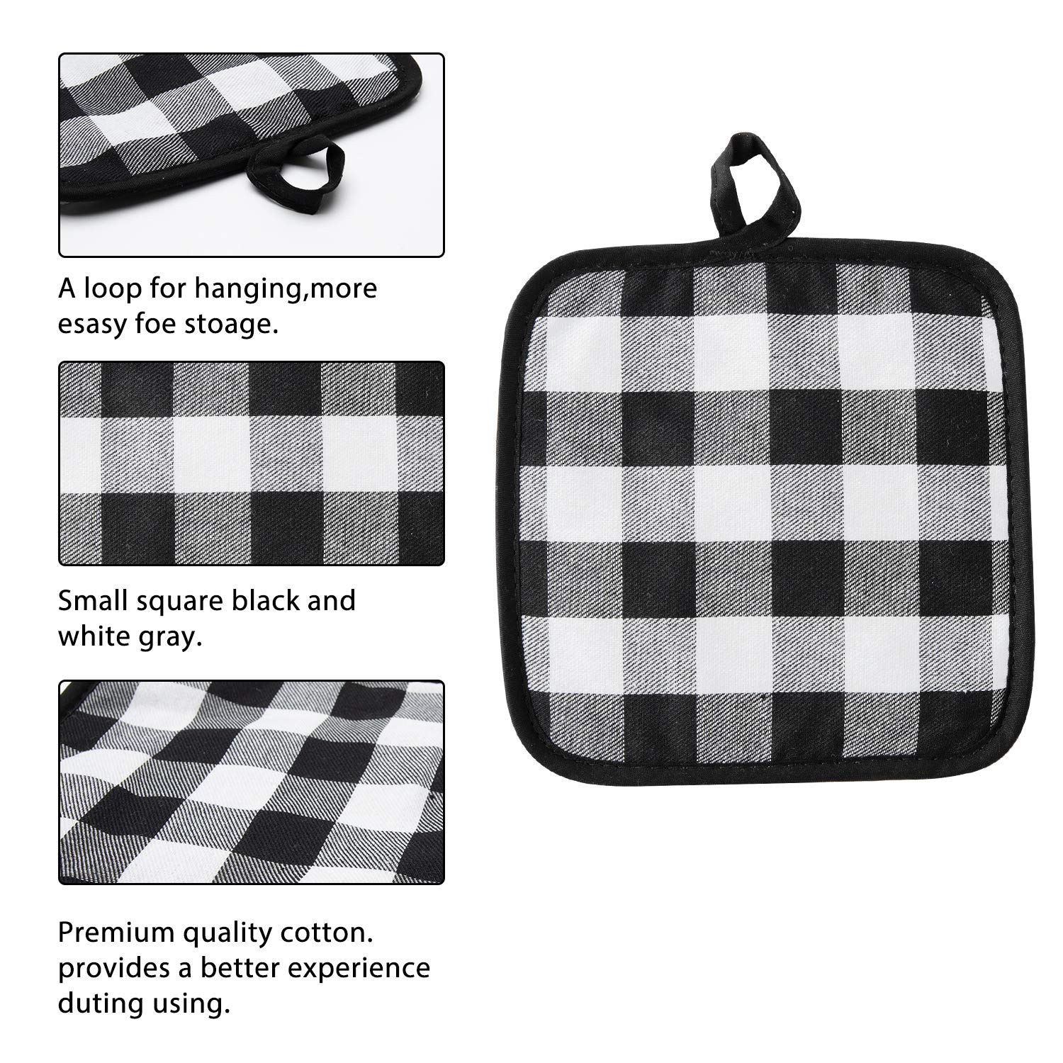 GROBRO7 6Pcs Buffalo Check Plaid Oven Mitts and Pot Holders Set Pure Cotton Heat Resistant Potholders Washable Durable BBQ Gloves with Hanging Loop for Safe Kitchen Baking Cooking Grilling White&Black