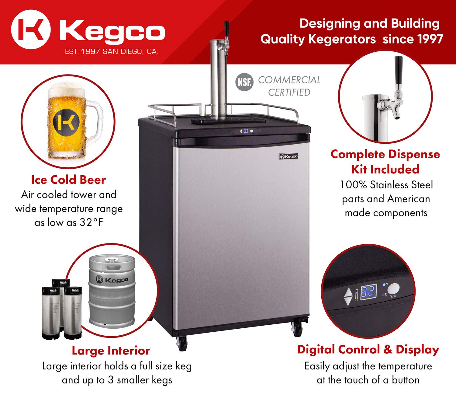 Kegco Kegerator, Single Tap, Stainless Steel
