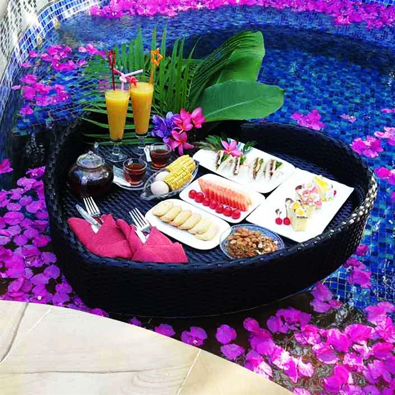 Floating Tray Floating Serving Tray Handmade Carefully Rattan Woven Serving Basket Table & Bar for Sandbars, Spas, Bath, and Parties, Serving Drinks, Brunch, Food
