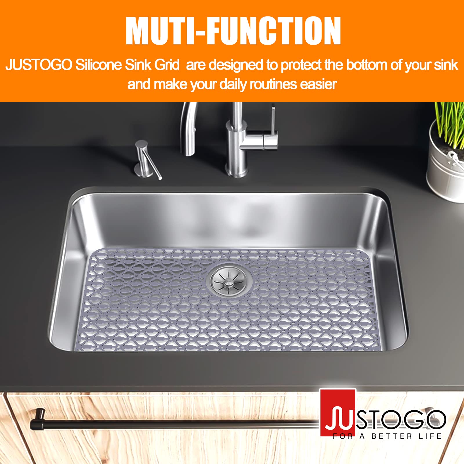 JUSTOGO Sink Protectors for Kitchen Sink 27.5'' x 15.7'', Kitchen Sink Mats Heat Resistant Silicone Mat for Stainless Steel Sink, Sink Mats for Bottom of Kitchen Sink, Rear Drain