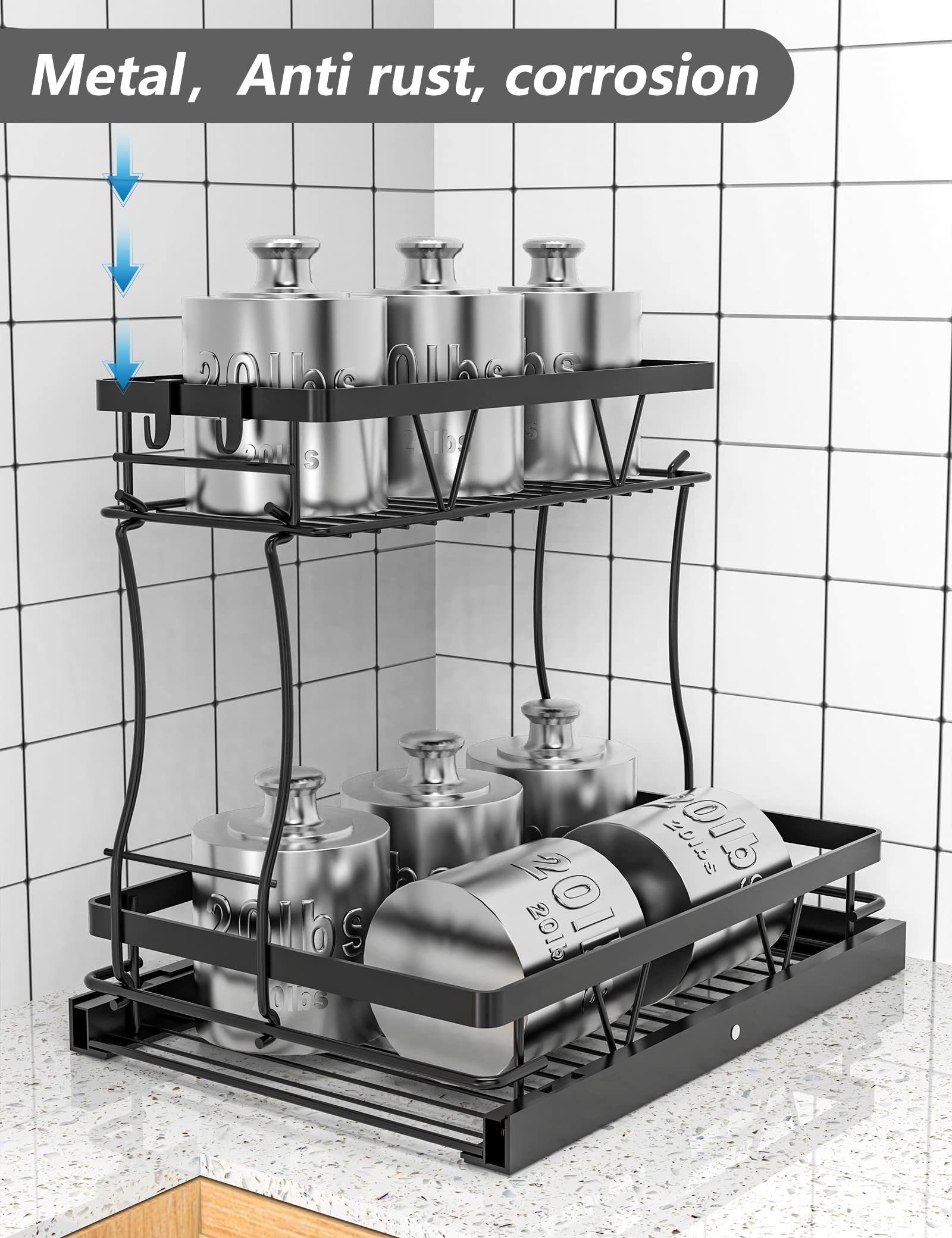 Iperlife 2 Tier Under Sink Organizers and Storage for Kitchen Pull Out Cabinet Basket Organizer with 4 Hooks, Multi-Purpose Metal Storage Shelf Rack for Bathroom Living Room Bedroom
