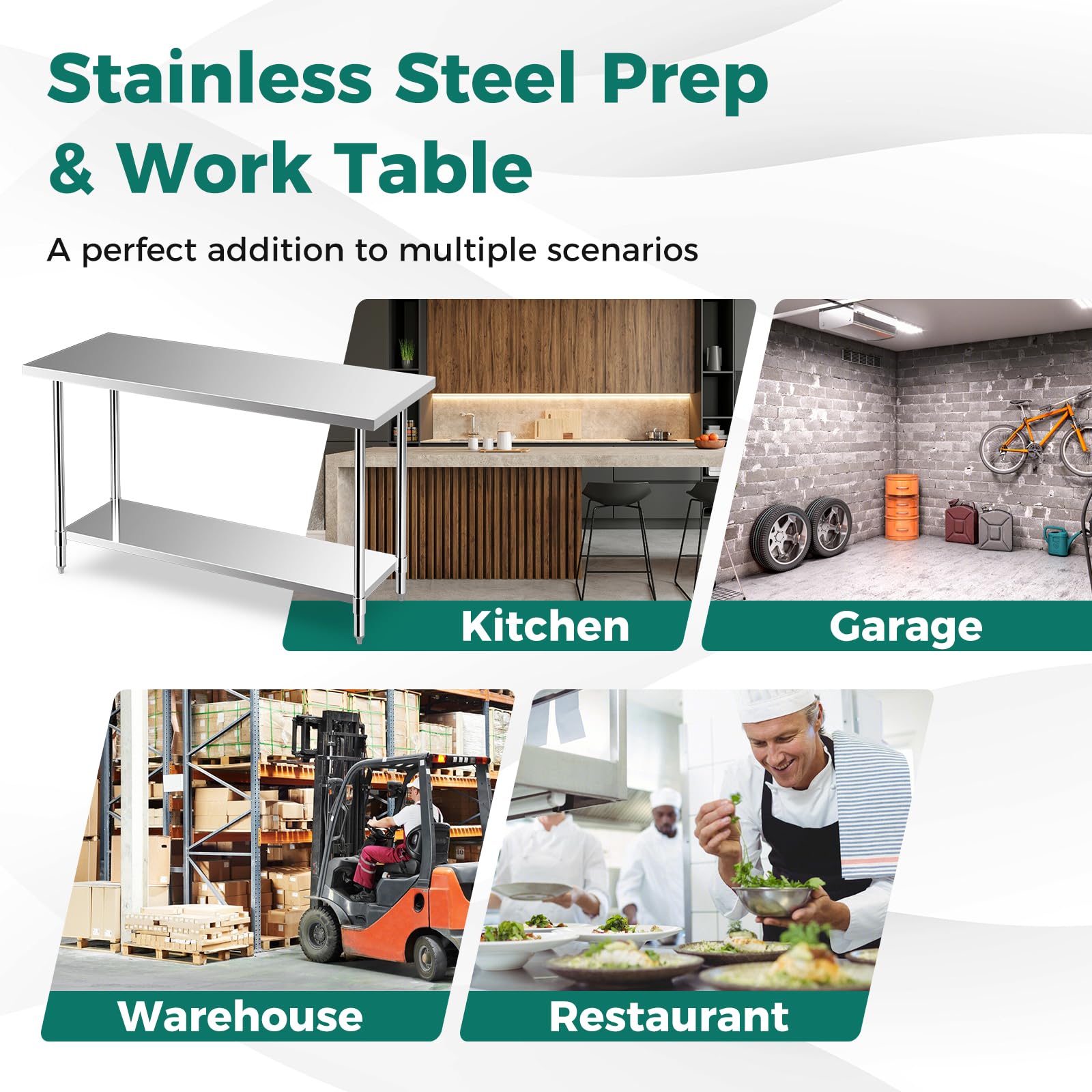 Toolsempire Stainless Steel Table, 60" x 24" Prep Table with Adjustable Under Shelf & 4 Galvanized Table Feet, Heavy Duty Steel Table Kitchen Table for Restaurant, Home & Hotel