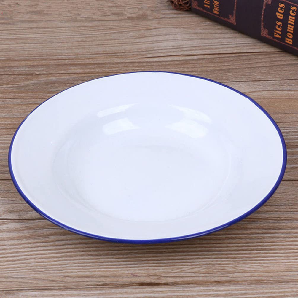 Ipetboom Enamel Plates 2pcs Enamelware Dinner Serving Platter Trays Retro White Round Shallow Bowls Vintage Enamel Basin Mixing Bowls with Blue Rim 18CM