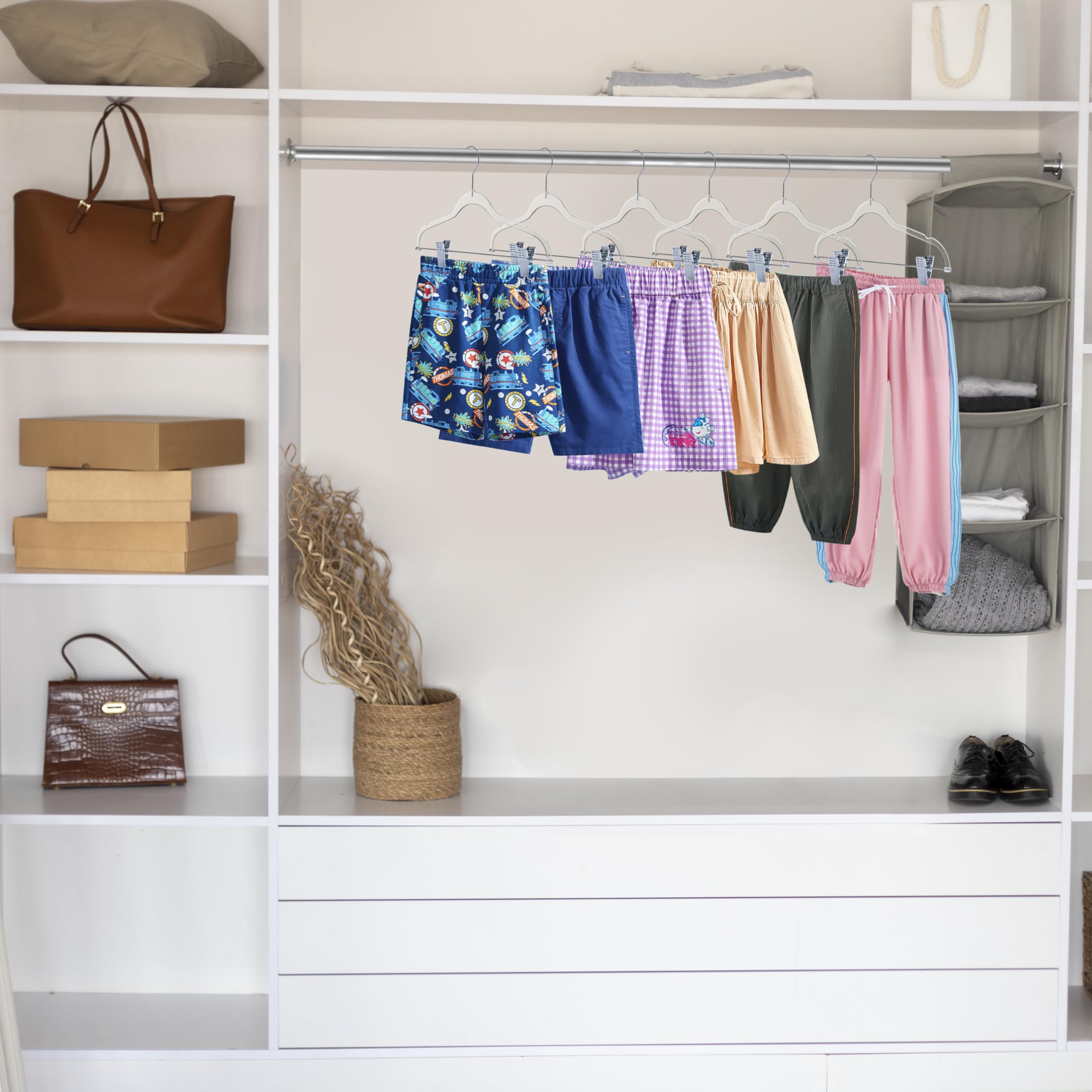Quality Clear Kids Pants Hangers with Clips 20 Pack | Heavy Duty Skirt Hangers with Swivel Hook and Notches | Space Saving Kids Clip Hangers for Pants | 13.7 Inch (20, Clear)