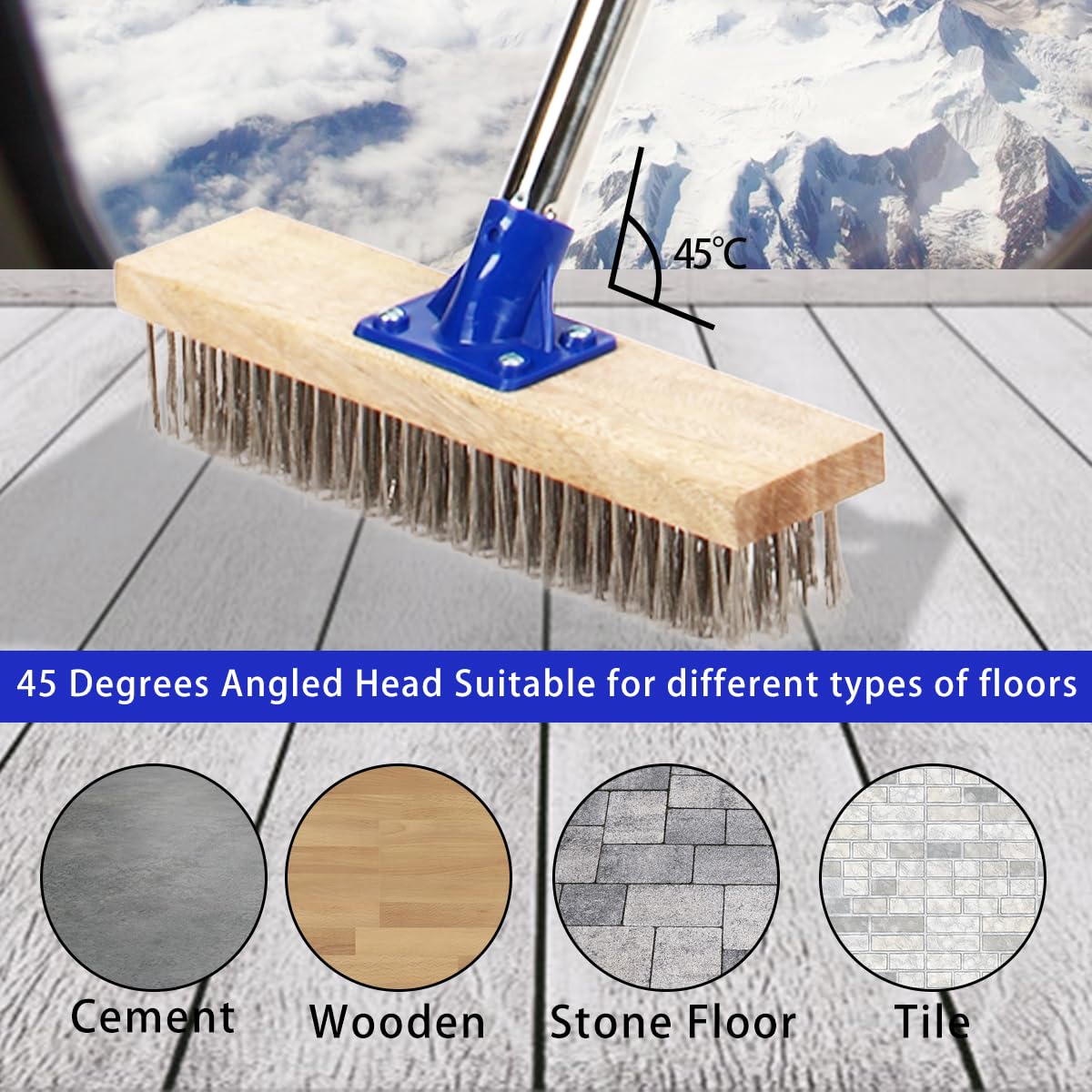 MEIBEI Deck Brush, Stainless Steel Wire with Long Handle 57", Perfect for Algae, Tough Stains on Concrete, Walkways, Patio and Swimming Pool