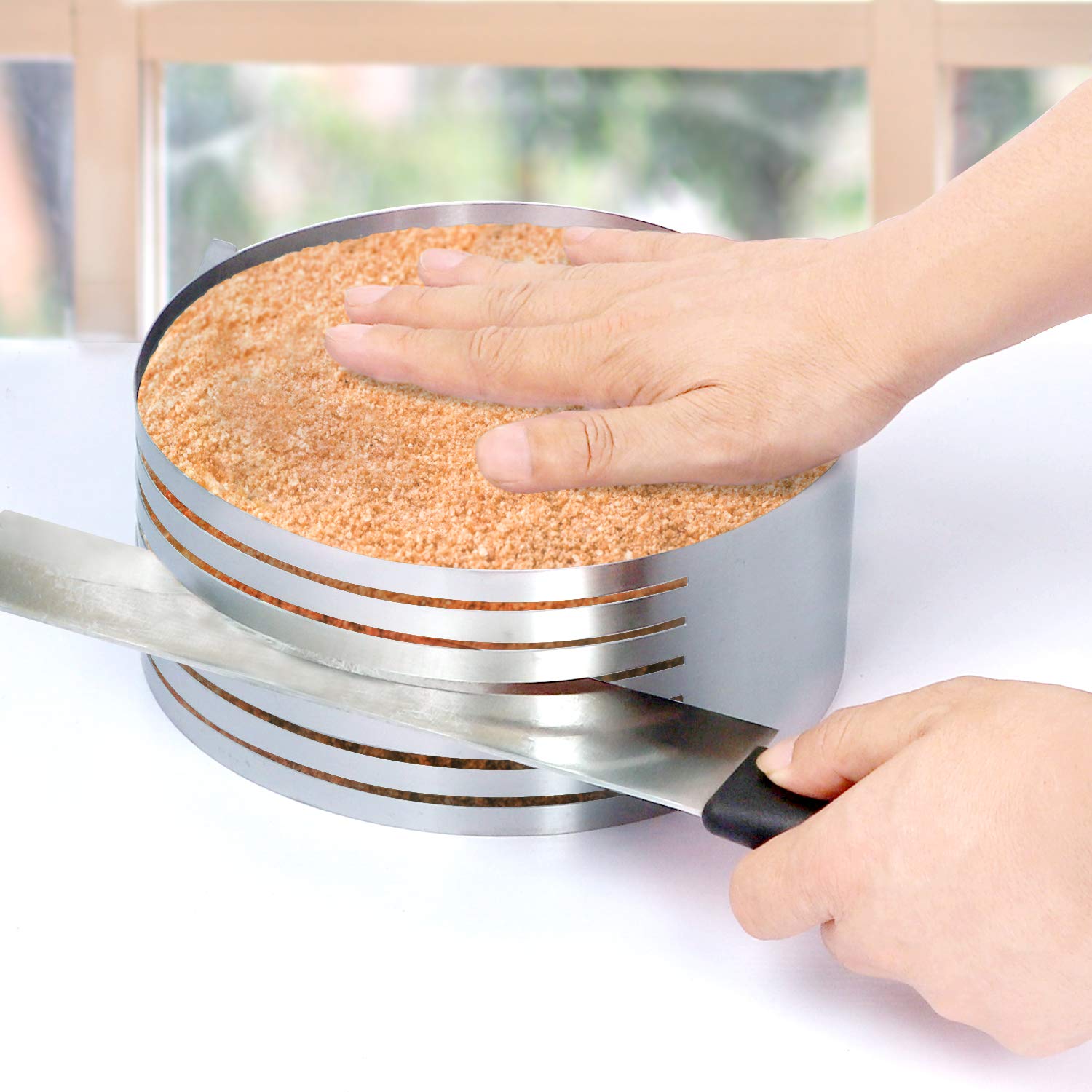 KEILEOHO Layer Cake Slicer Set, 2 PCS Stainless Steel Adjustable 7 Layered Bread Cutter Ring with Respective Diameter of 6-8 Inches and 9-12 Inches 3.4 Inches High