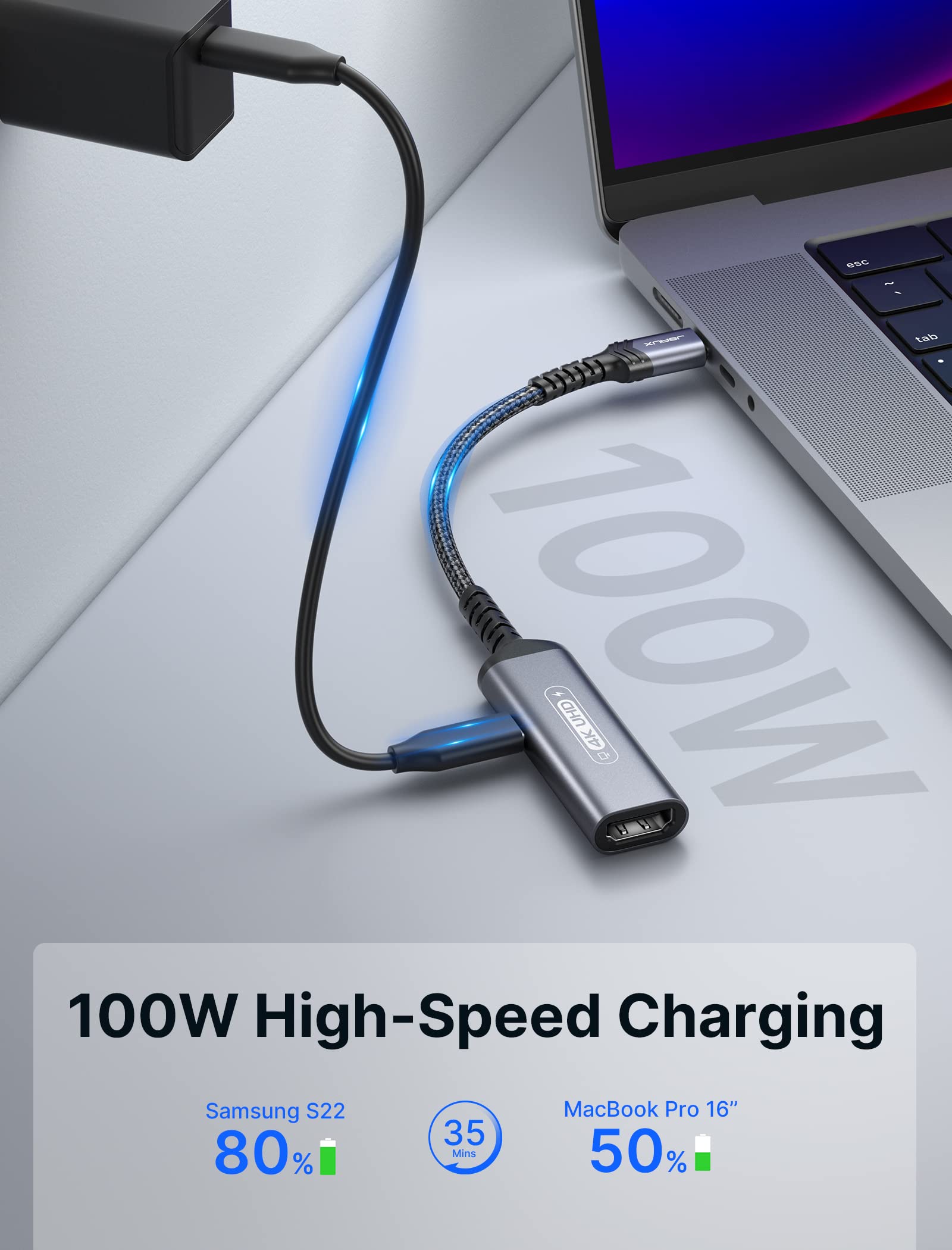 JSAUX USB C to HDMI and Charger Adapter | 4K@60Hz 2-in-1 Type-C to HDMI Adapter with PD Fast 100W Thunderbolt 3/4 Compatible with iPhone 16 Pro Max MacBook Pro/Air iPad Galaxy S24 Steam Deck ROG Ally