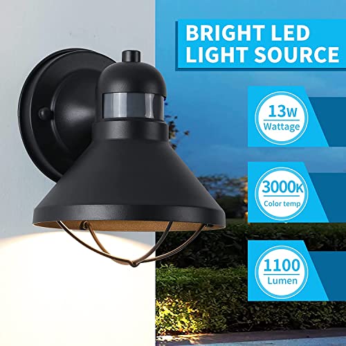 LONEDRUID 2 Pack Motion Sensor Outdoor LED Wall Light Dusk to Dawn Exterior Sconce Lighting Fixture Waterproof Wall Mount Barn Lamp Black Outside Lantern for House Porch Garage Farmhouse