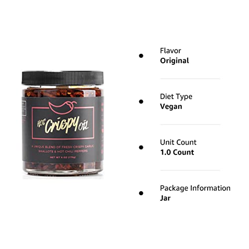 Hot Crispy Oil, An all natural unique blend of fresh fried shallots, fresh garlic and a proprietary blend of three different chili peppers. Highly addictive.