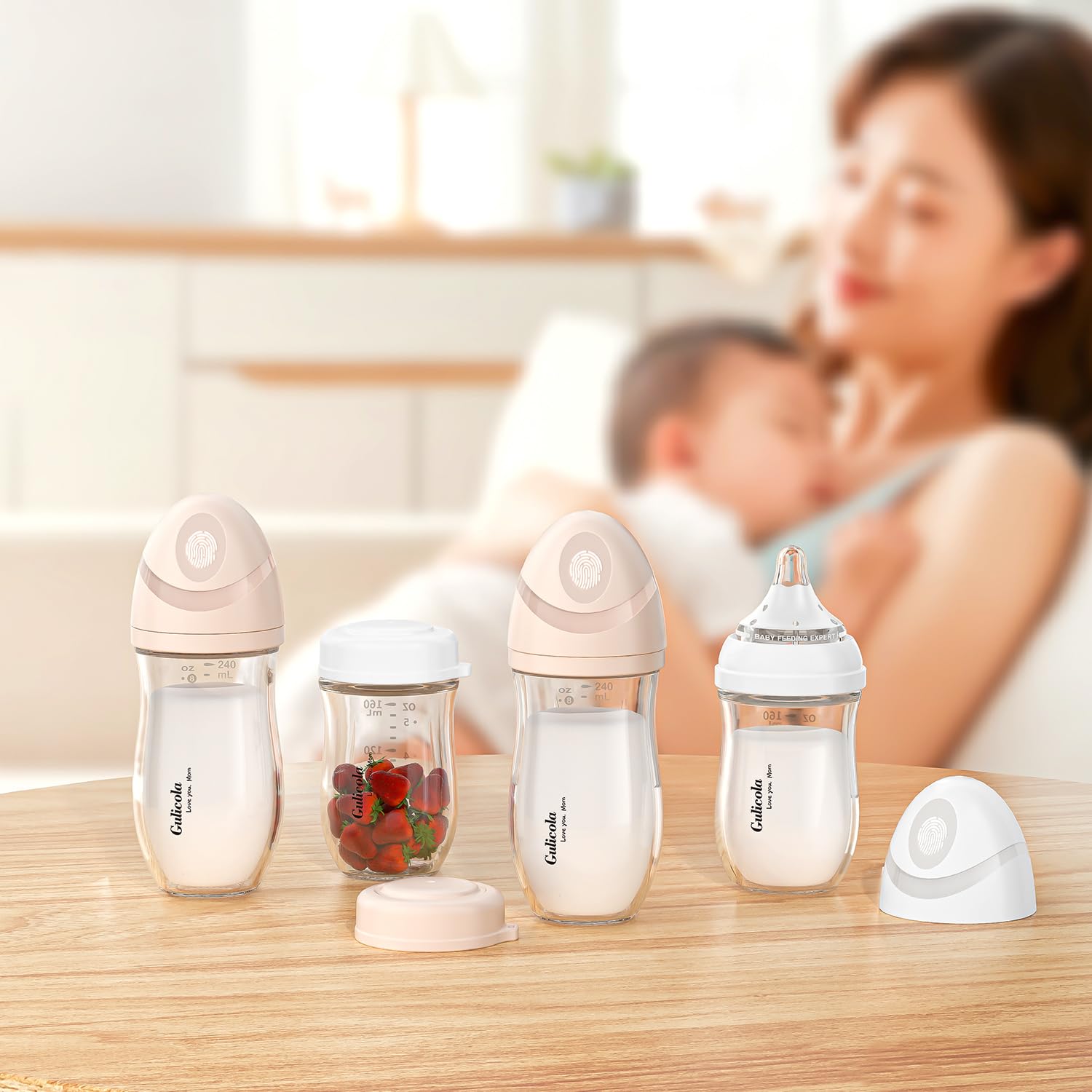 Gulicola Natural Glass Baby Bottle 4 Pack, Newborn Breastfeeding Bottles Gift Set, Extra Slow Flow Nipples (SS), Anti Colic, 0 Months+, 5 oz - Pink