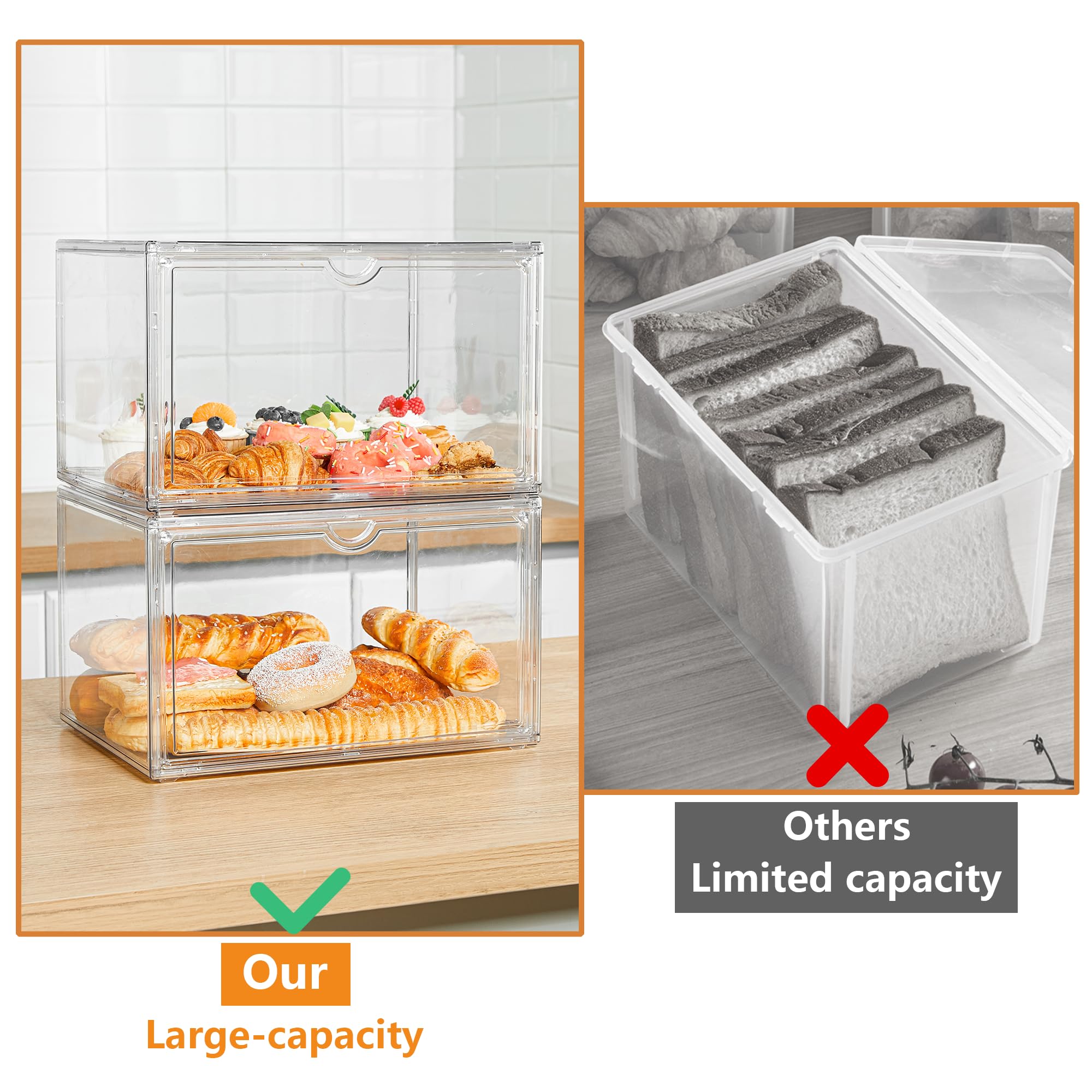 SANKEU 1PCS Large Bread Box for Countertop, Sturdy Stackable Bread Storage Container, Clear Box for Kitchen, Bread Keeper Bread, Bagel, Muffins