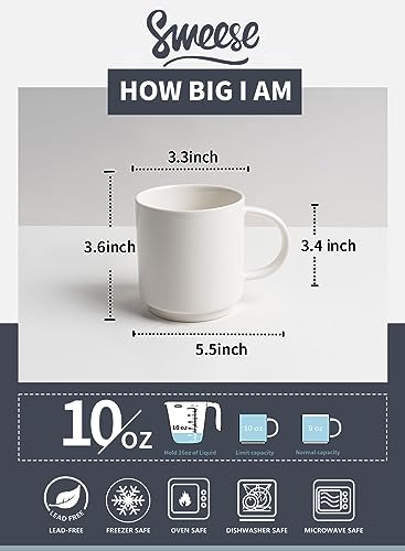 Sweese 616.001 Stackable Coffee Cups - 10 Ounce for Specialty Coffee Drinks, Cappuccino, Cafe Mocha, Latte and tea, Set of 6, White