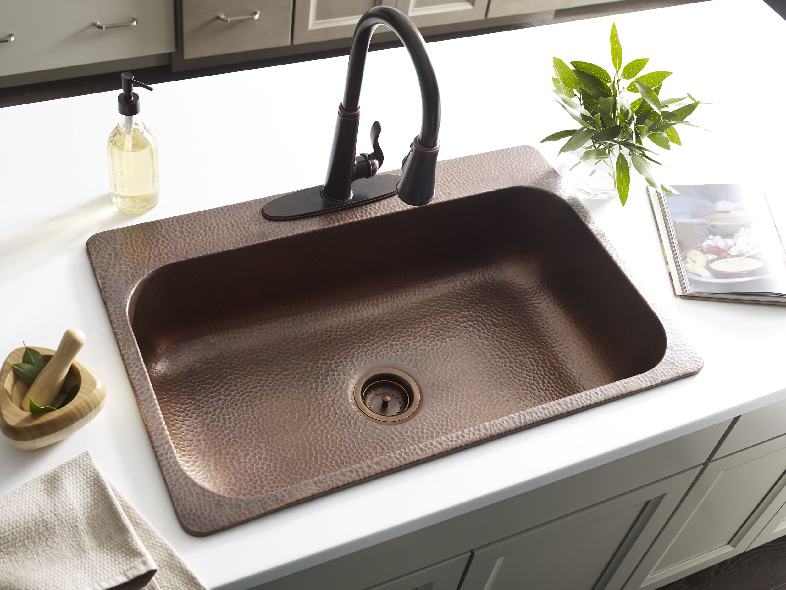 Sinkology SK101-33AC Angelico Drop-In 33-inch 3-Hole Single Bowl Copper Kitchen Sink