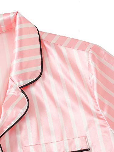 WDIRARA Women's Satin Sleepwear Short Sleeve Button Shirt and Shorts Pajama Set Silky PJ Striped Pink XXS