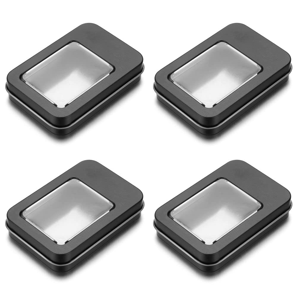 HomeSoGood 4 Pack Metal Tin Can Box Black Rectangular Storage Boxes with Detachable Clear Lid Container for Jewelry Coin Candy Key Earrings Headphones Organizer