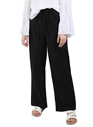 utcoco Women's Cotton Linen Drawstring High Waisted Pants Casual Loose Fit Wide Leg Trousers (L, Black)