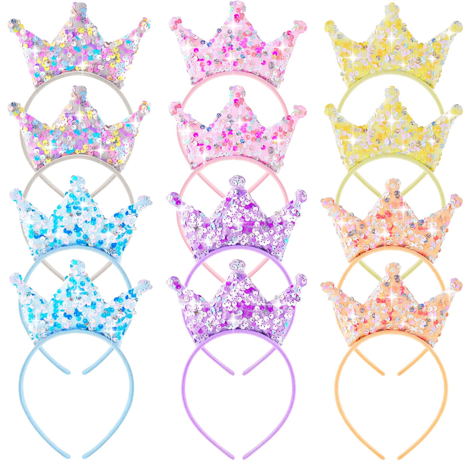 Juexica 12 Packs Princess Crowns Headband Glitter Headbands Crown Party Favors Princess Birthday Party Decorations for Girls(Sequin,Multi Colors)