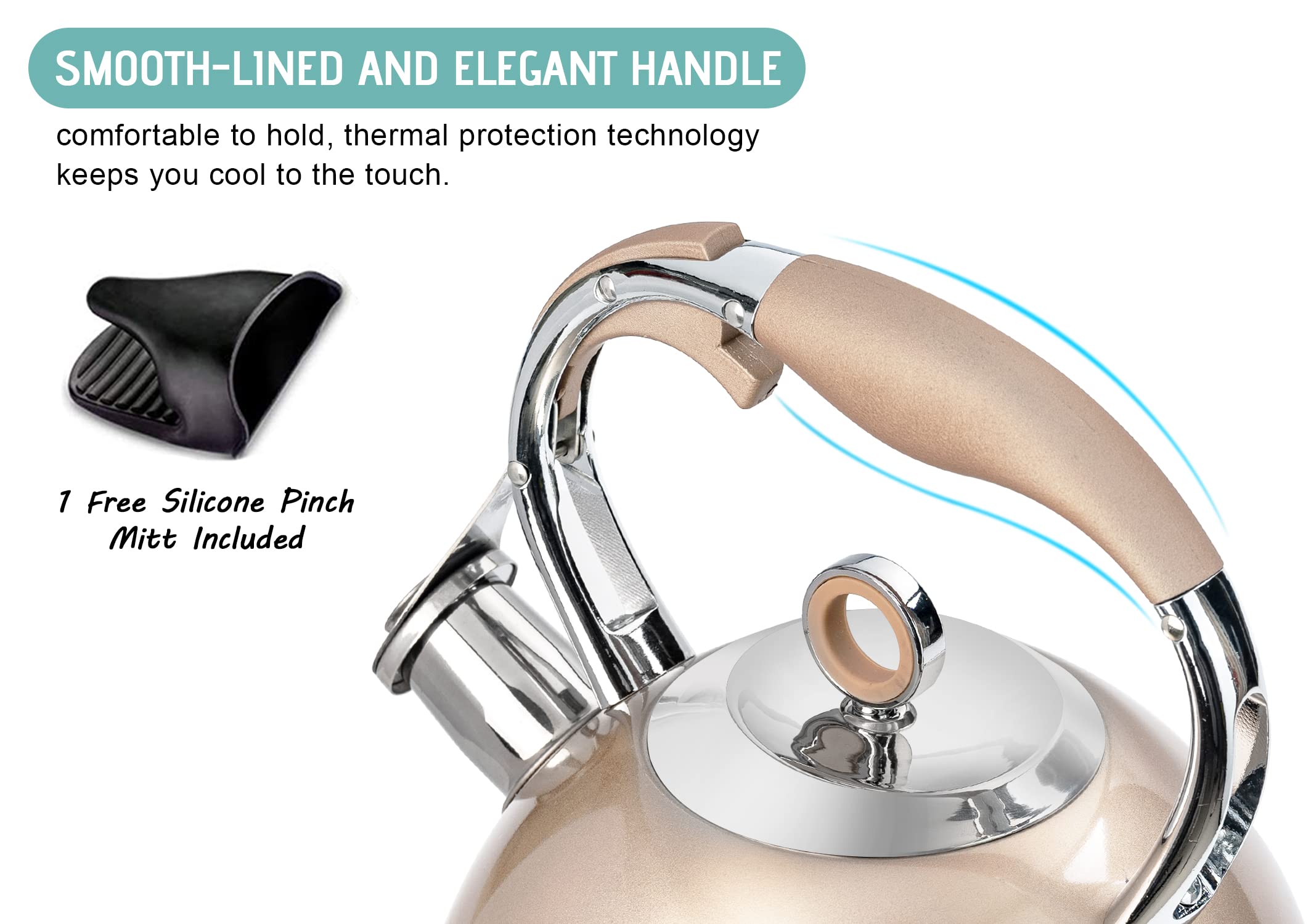 HIHUOS Tea Kettle for Stovetop, 3 Quart Loud Whistling Teapot with Cool Grip Ergonomic Handle Food Grade Stainless Steel Teakettle for Tea, Coffee (Black)