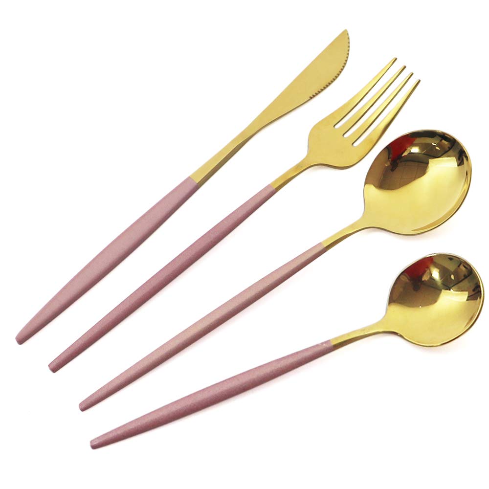 Gugrida Silverware Set, 30-Piece 304 Stainless Steel Flatware Set Pink Gold Cutlery Set Service For 6, Mirror Finish, Dishwasher Safe, Nice Gift Box