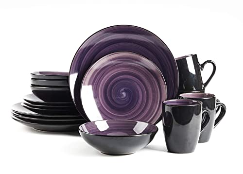HomeVss, Stoneware Sonoma 16pc Dinnerware Set, Black + Speckled Spin Wash Purple, 16pc Set