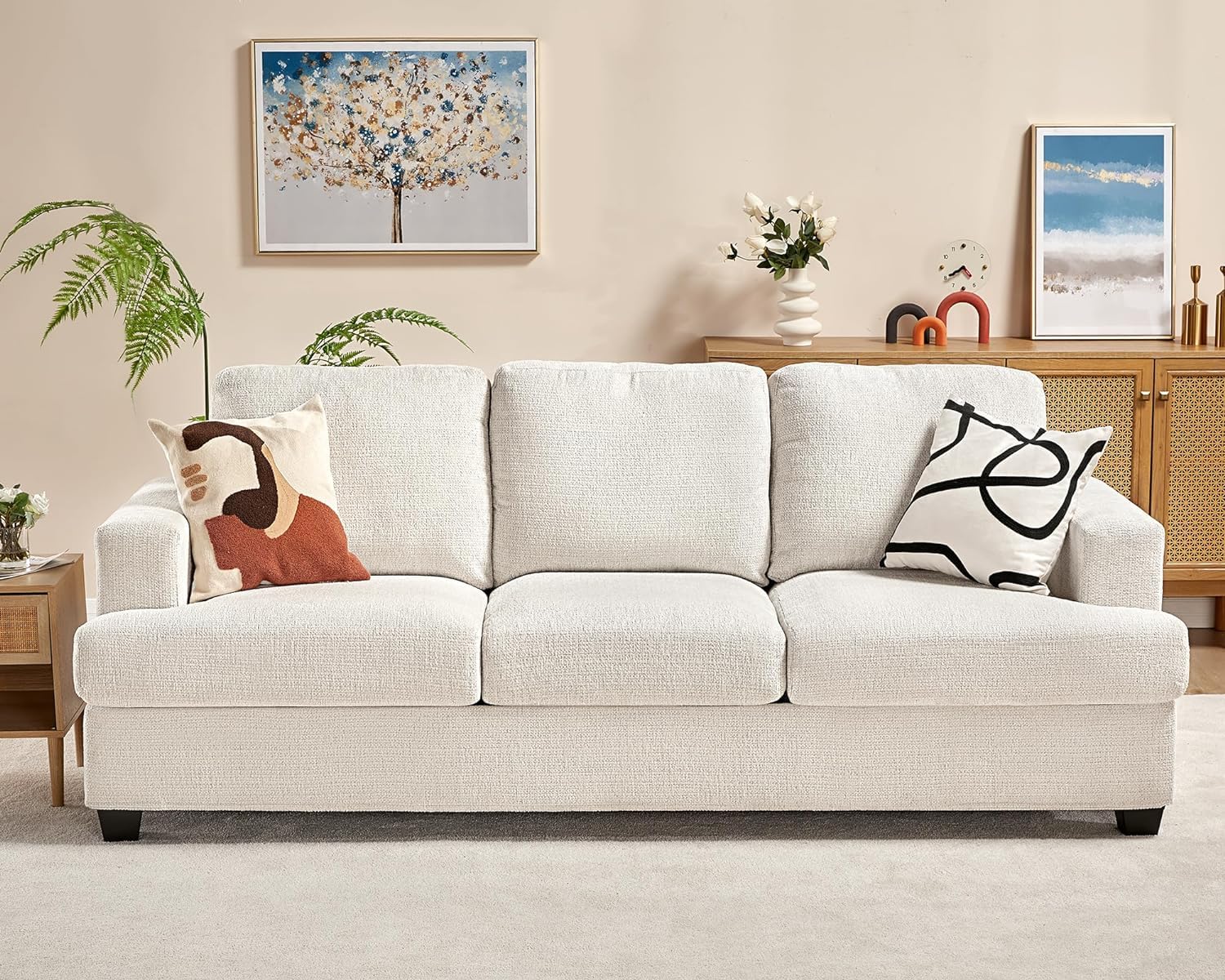papababe Sofa, 3 Seater Modern Couches with Extra Deep Seats, 89 Inch Wide Comfy Couches for Living Room (Chenille, Beige)