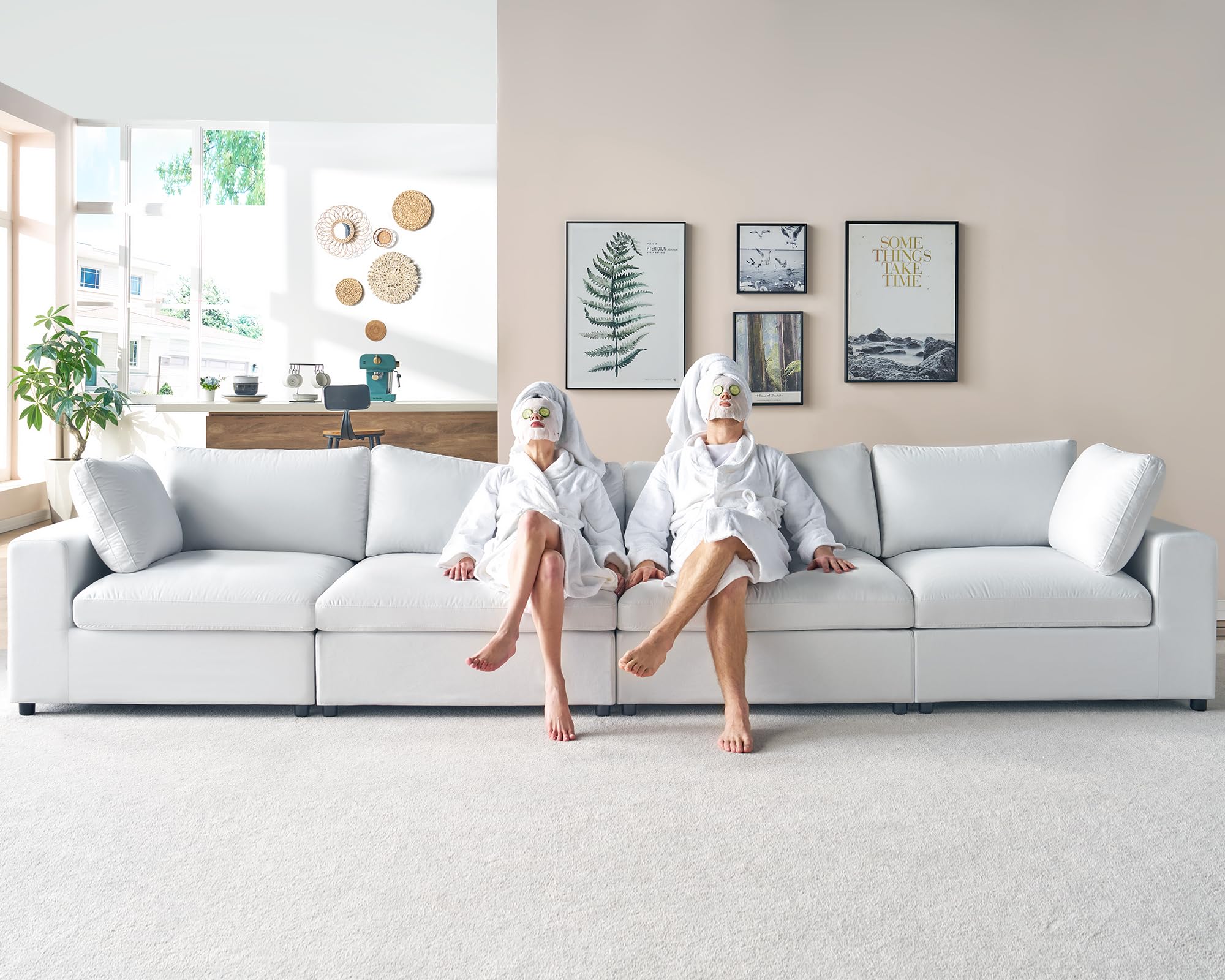 PaPaJet Modular Sectional Sofa, 152 Inches Down Filled Sectional Sofa, 7 Seats L Shaped Cloud Couch with Chaise, Ottoman, Oversized Couch for Living Room, Grey Linen Couch Set