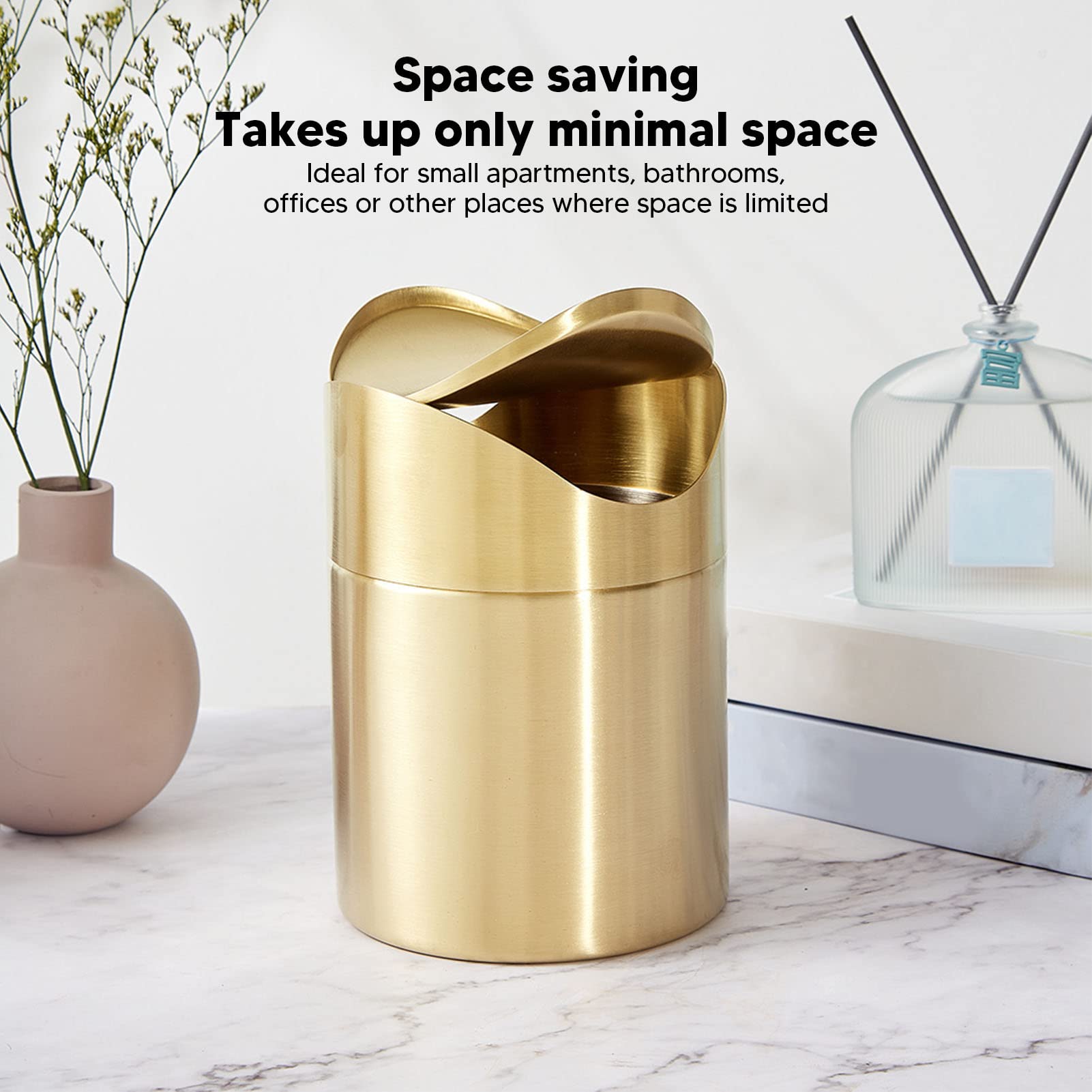 Topyond Mini Trash Can, Small Metal Garbage Bin,Gold Desktop Trash Can for Office Countertop, Stylish Design, Boat Trash Can