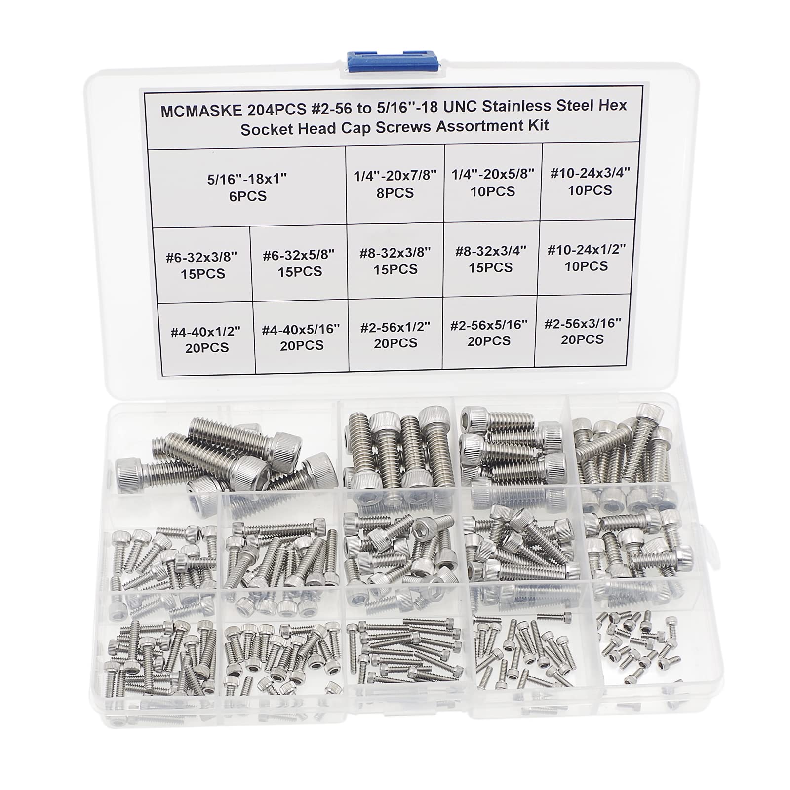 MCMASKE #2-56#4-40#6-32#8-32#10-24 1/4"-20 5/16"-18 UNC 304 Stainless Steel Socket Head Cap Screws Assortment Kit