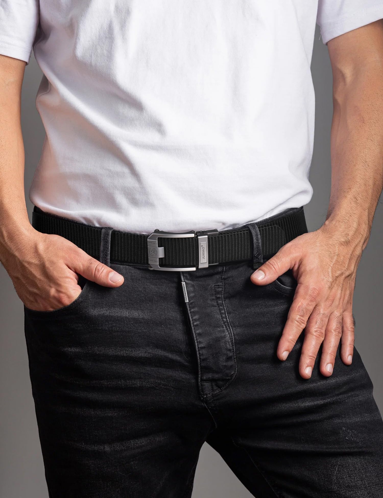 JUKMO Reversible Ratchet Belt, Nylon Web Tactical Work Belt with Automatic Slide Buckle (Grey/Black, Medium-for Waist 38"-42" (Length 49"))