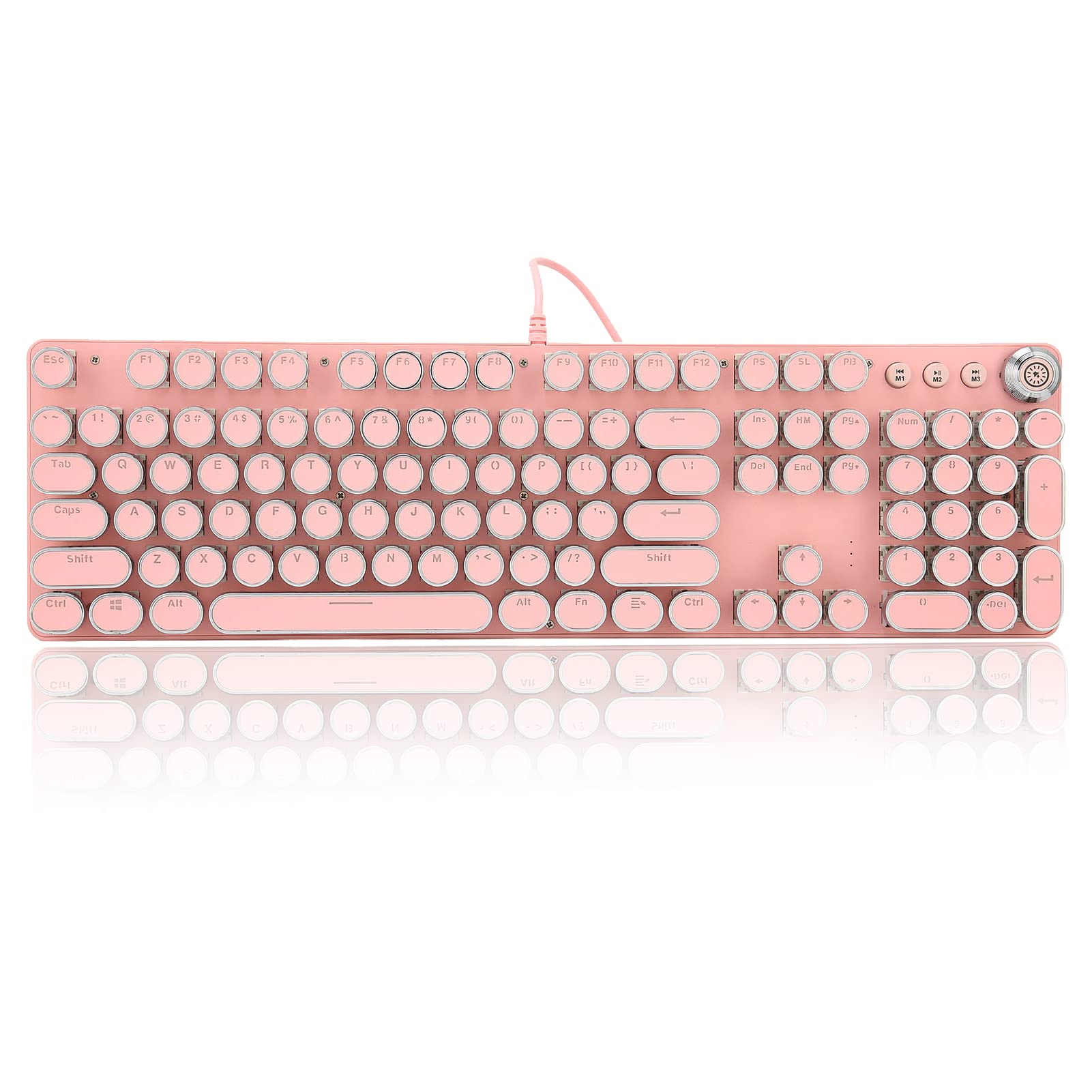 Pink Gaming Keyboard, Round Keycaps Mechanical Keyboard, Retro Punk Typewriter Keyboard, Pink and White Backlight, USB Wired, for Computer(Pink Punk)