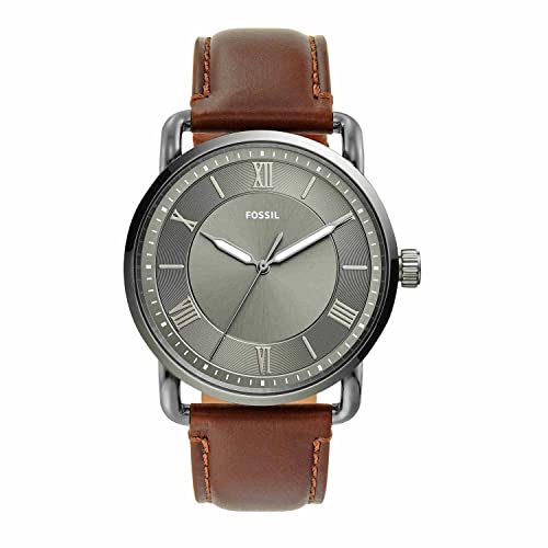 Fossil Men's Copeland Quartz Stainless Steel and Leather Three-Hand Watch, Color: Smoke, Brown (Model: FS5664)