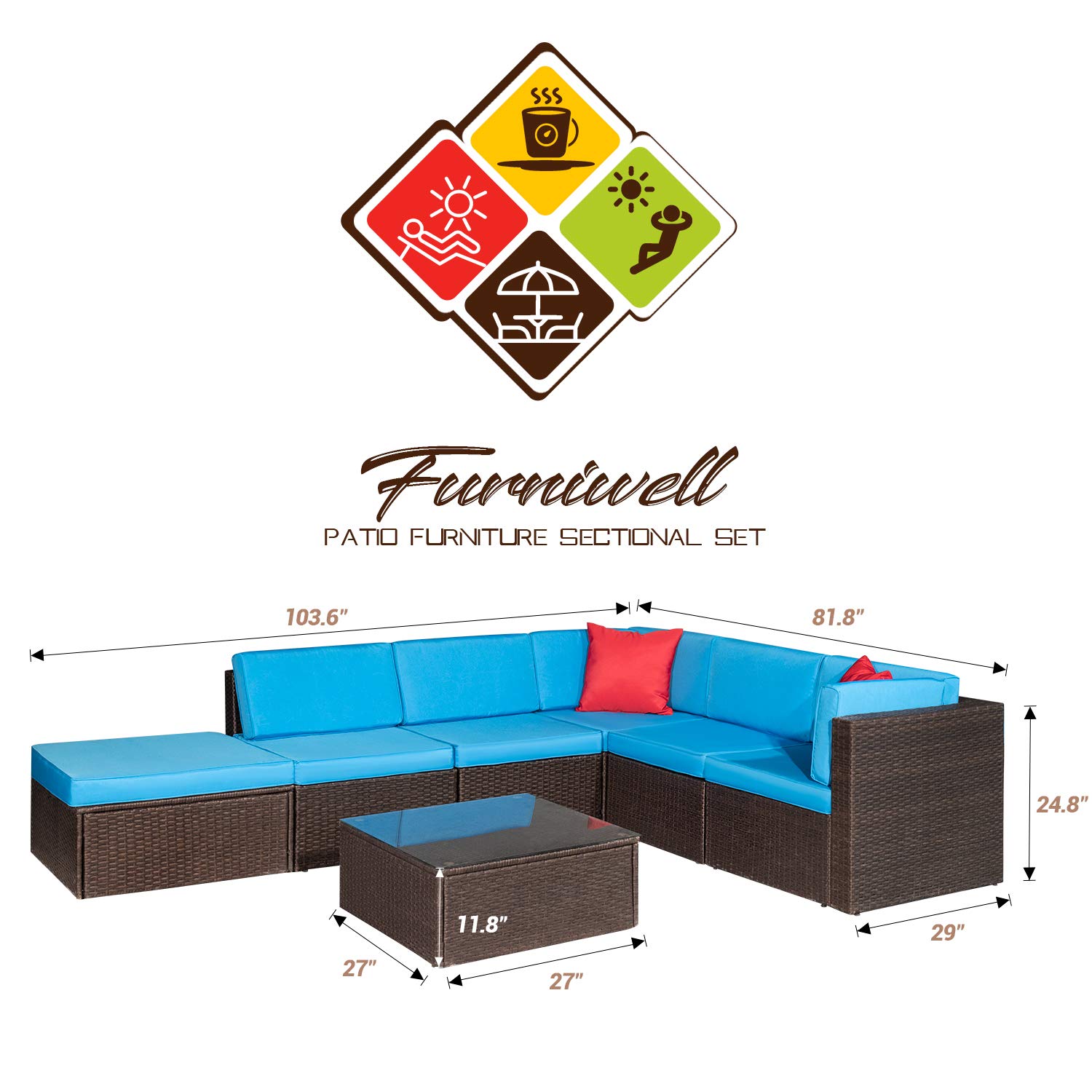 Furniwell 7 Pieces Patio Furniture Sectional Set Outdoor Wicker Rattan Sofa Set Backyard Couch Conversation Sets with Pillow, Cushions and Glass Table (Blue)