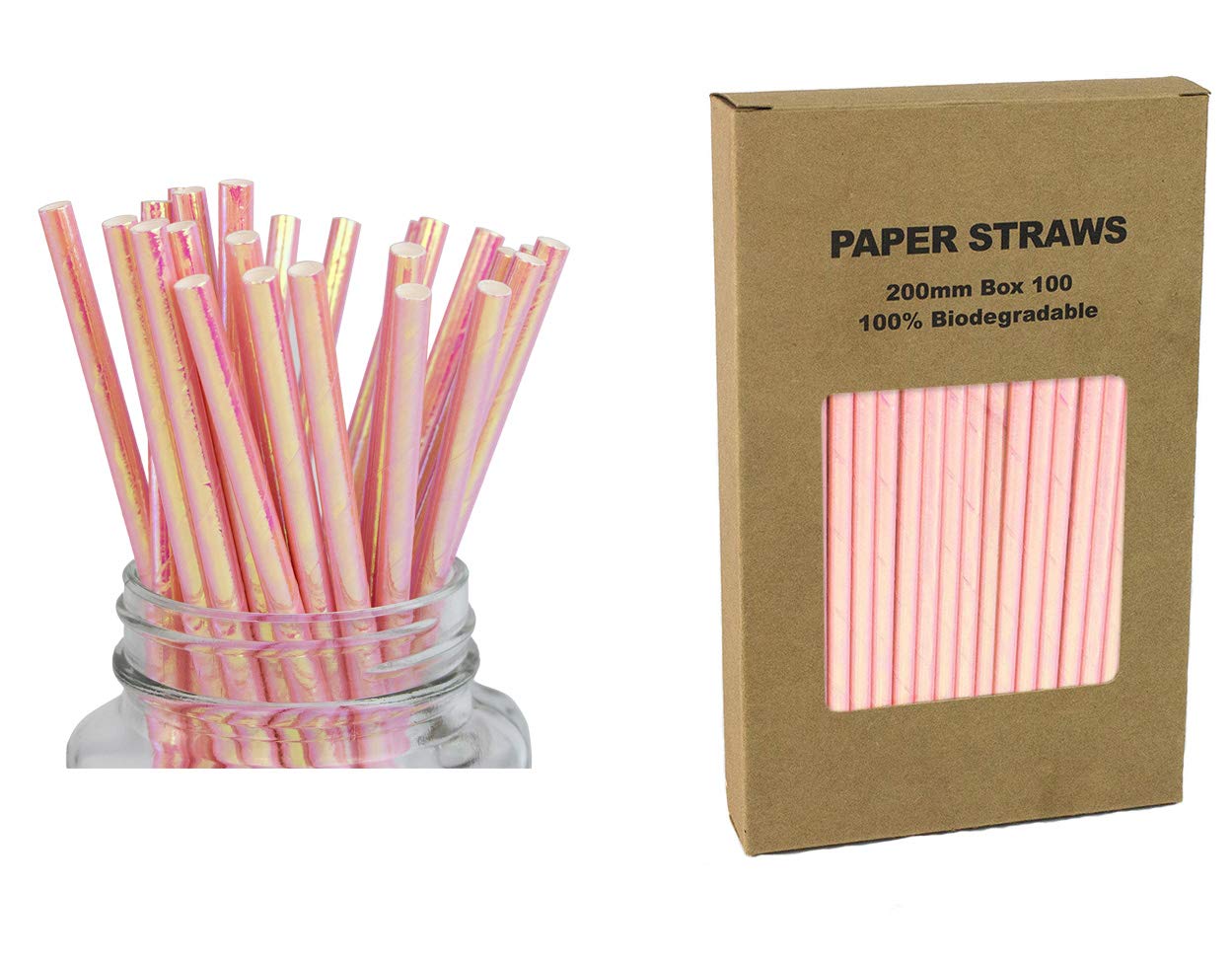 Iridescent Pink Paper Drinking Straws - Box of 100 Biodegradable Pearl Foil Straws for Milk, Juice, Swizzle Sticks for Treat Display Party Decor
