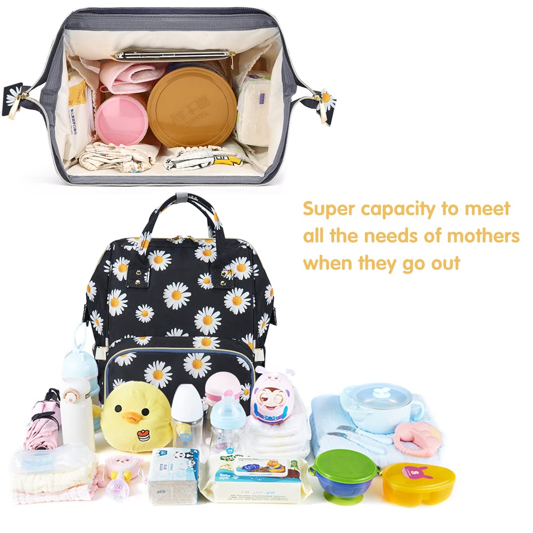 MCWTH Daisy Diaper Bag Backpack for Baby Girls, Multifunction Nappy Bags for Women Maternity (Black)