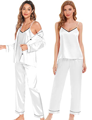 SWOMOG Womens Silk Satin Pajamas Set Three-piece Pj Sets Sleepwear Loungewear Button-Down Pj Sets White