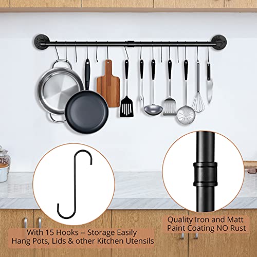 HOMGEN Kitchen Utensils Rack, 100cm Kitchen Retro Rail Wall Mounted Rack with 15 Hooks Organiser Kitchen Utensils Rack Mugs Wall Mounted Hanging Rail Rack Kitchen Pot Pan Hanging Rack for Kitchen