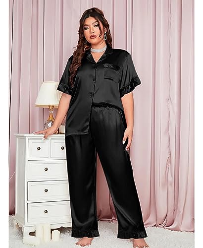 SWOMOG Womens Satin Plus Size Pajamas Silk Short Sleeve Pjs Sets Button Up Pajama with Ruffle Soft Loungewear Wedding PJs Black