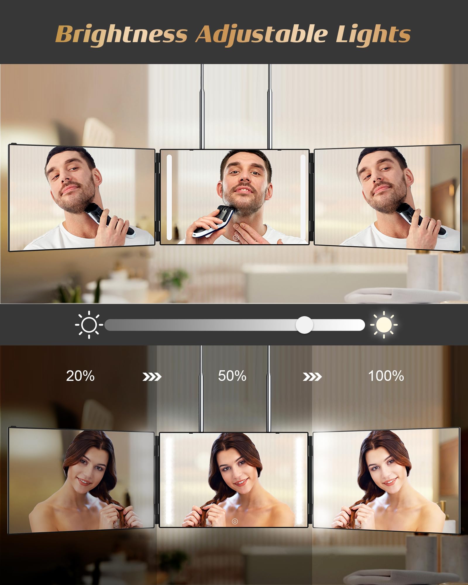 JUSRON 360 Viewing Angle Self Hair Cutting Mirror, Clear Anti-Fog HD Glass (Black with LED, with Accessories)