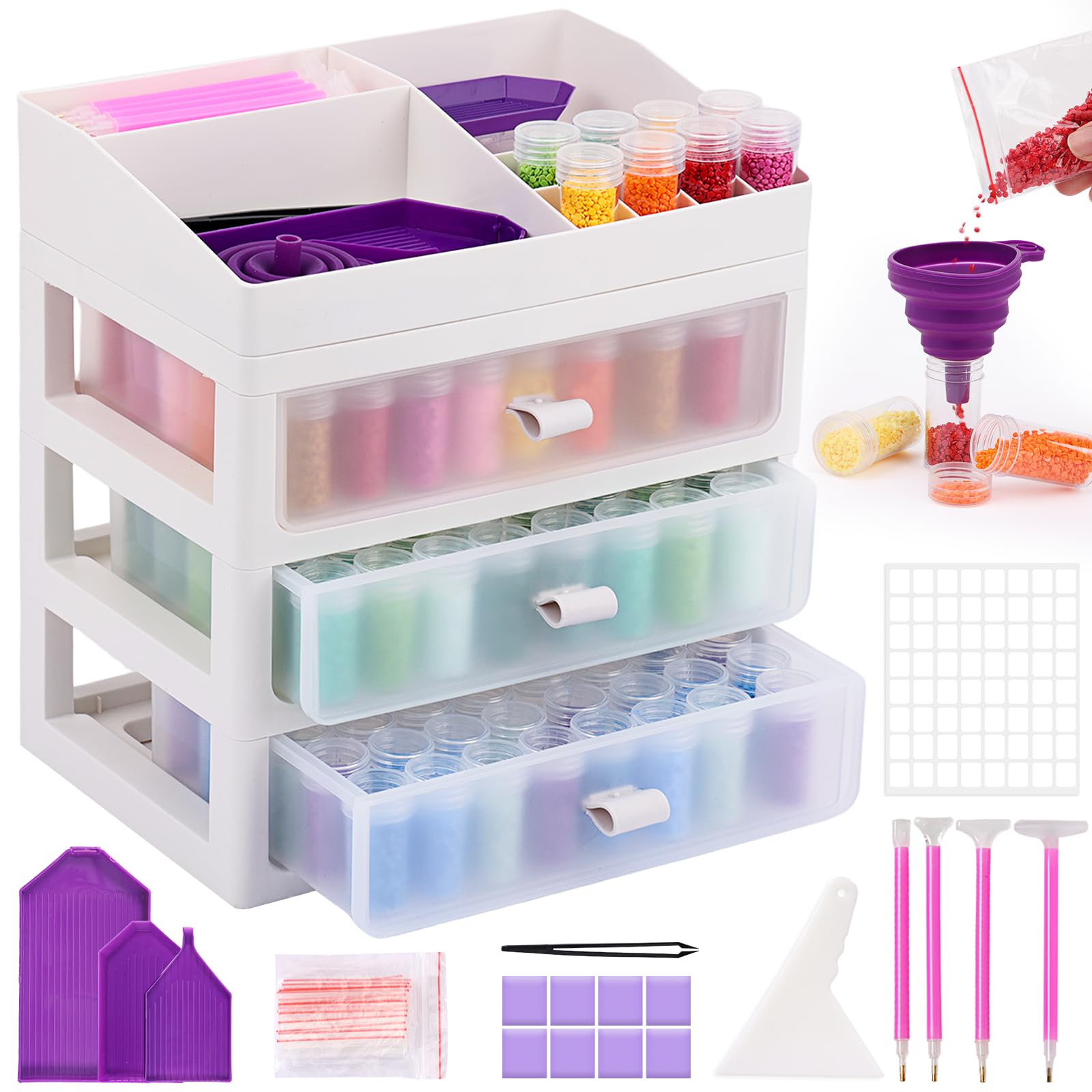 QUEFE Diamond Painting Storage, 3 Drawers, 144 Slots Storage Bottles, Diamond Painting Accessories and Tools, Diamond Art, Bead Box, Diamond Painting Organizer
