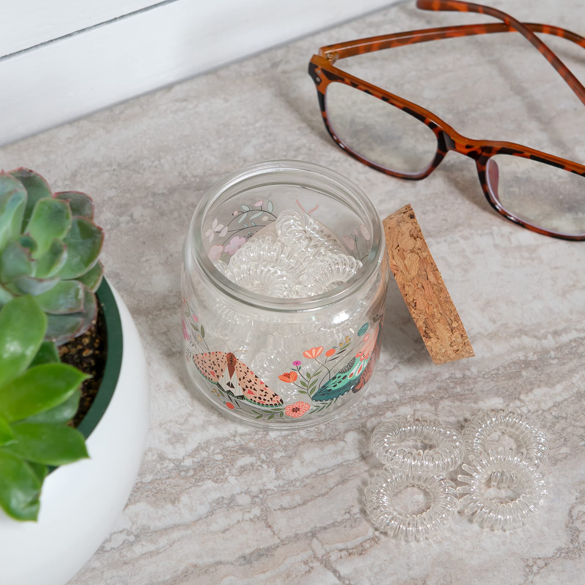 Floral Moth Spiral Hair Ties In Decorative Jar