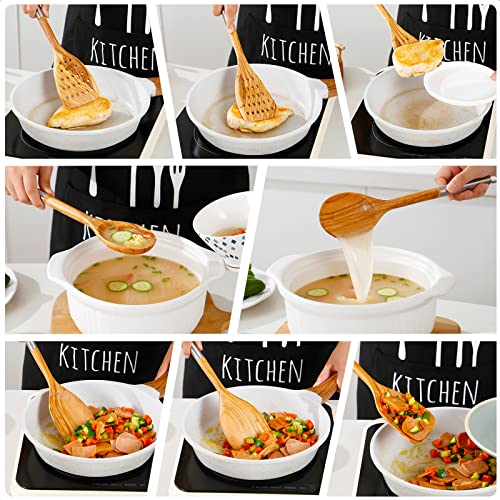 Olive Wooden Spoons for Cooking, NAYAHOSE 5 Pcs Cooking Utensils Set with Stainless Steel Handle, Heat-Resistant Olive Wood Spatulas for Non-Stick Pan